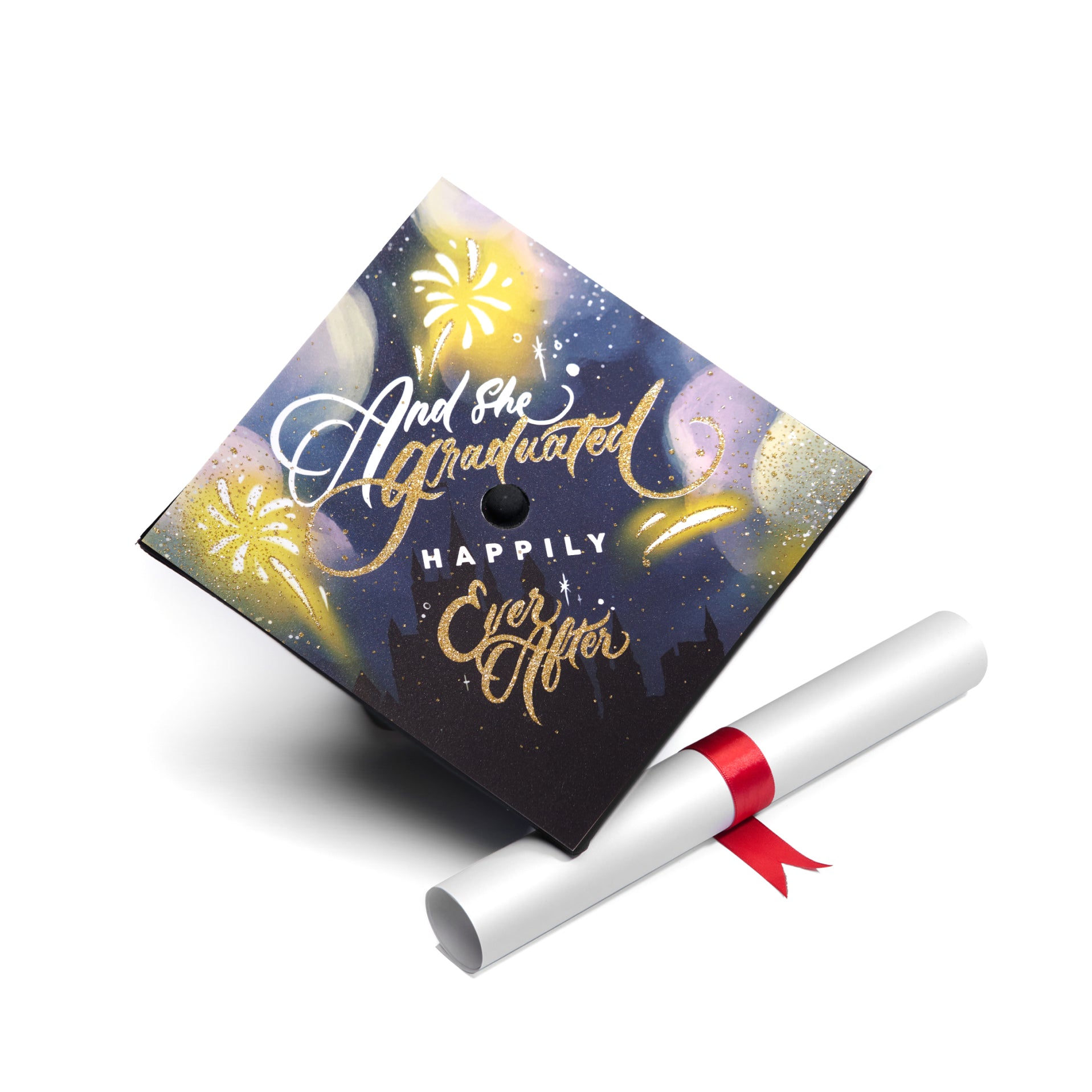 Graduation cap topper art print, And she graduated happily ever after ...